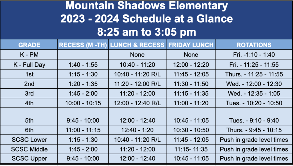 Daily Schedule – Mountain Shadows Elementary